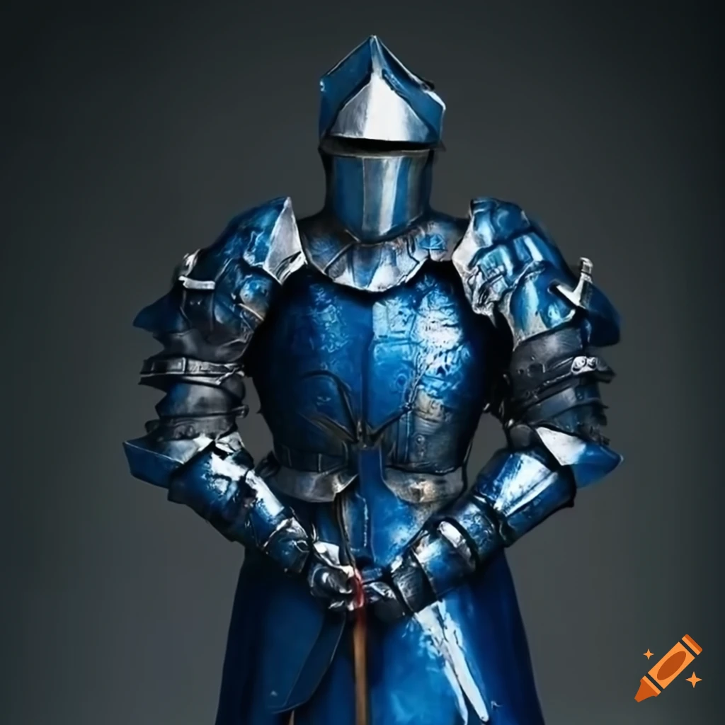 Hyper realistic blue armored knight holding a long red halberd on Craiyon