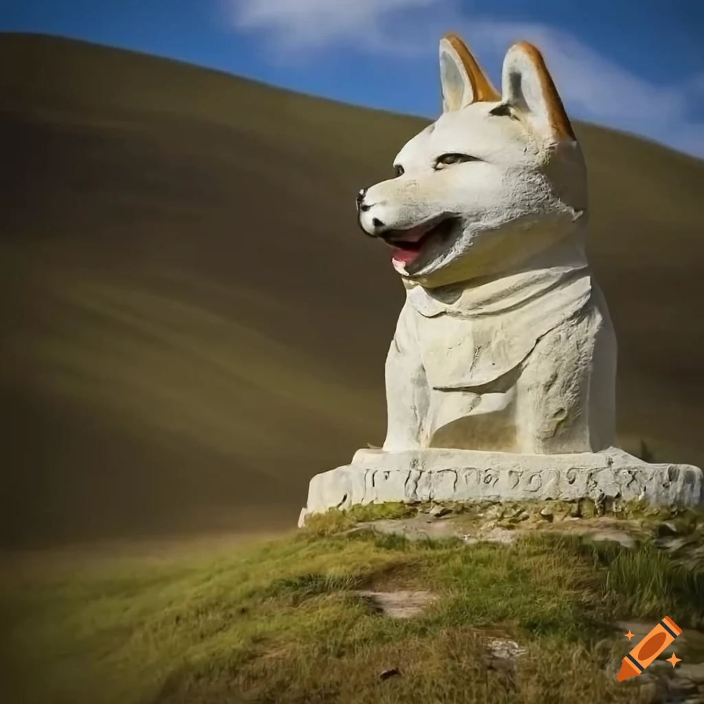 Stone shiba inu face statue at the top of a hill on Craiyon