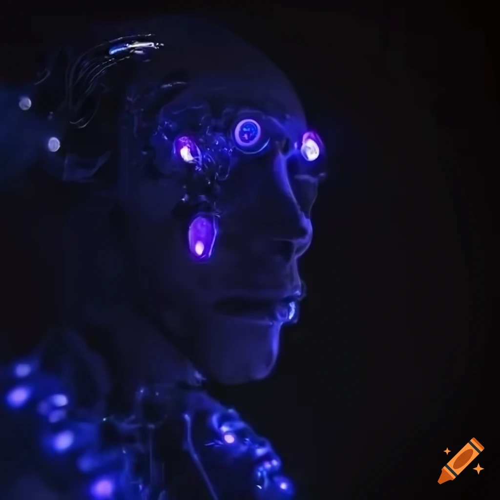 Male cyborg with LED lights in a futuristic interior with smoke and ...