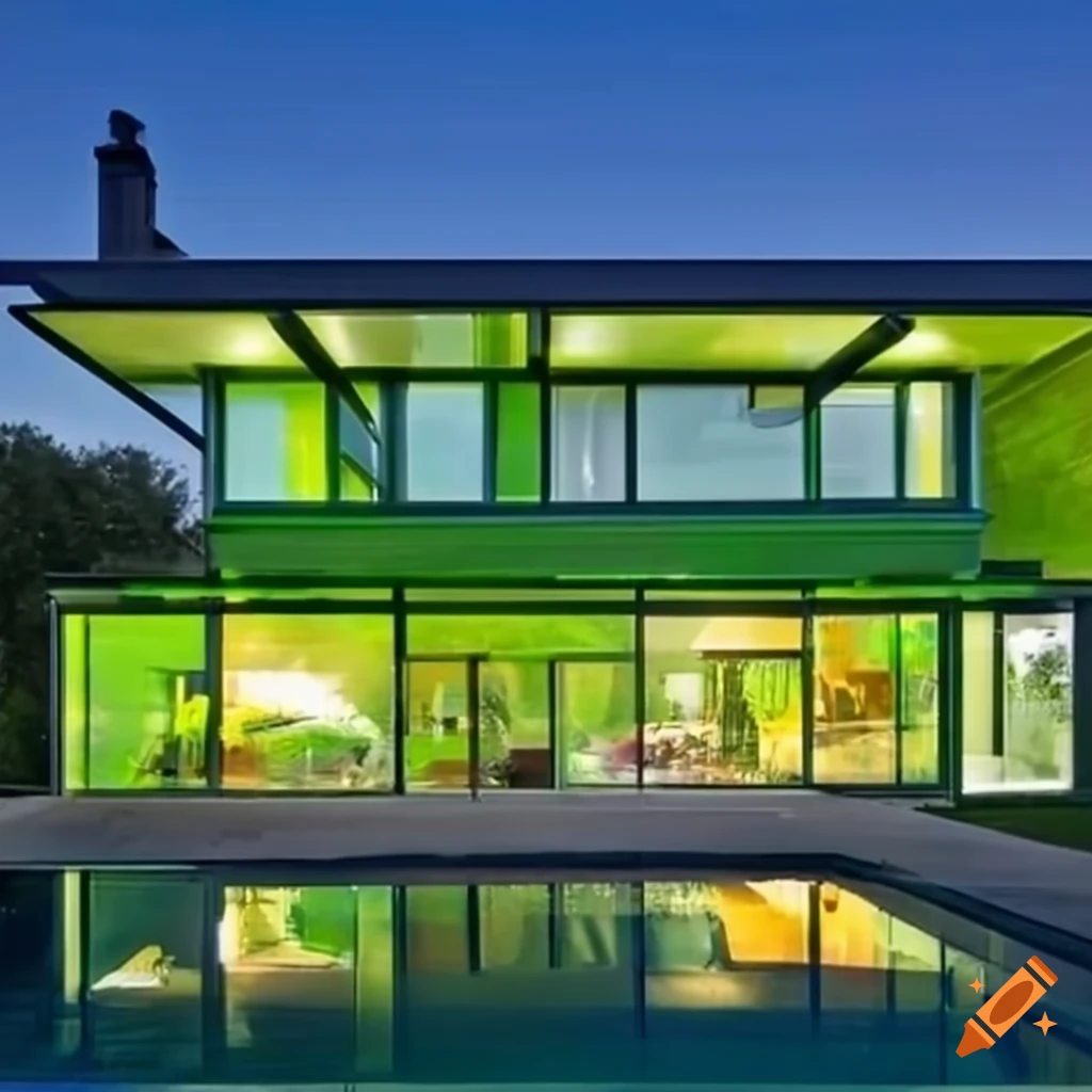 Modern green cubic house with glass veranda on Craiyon