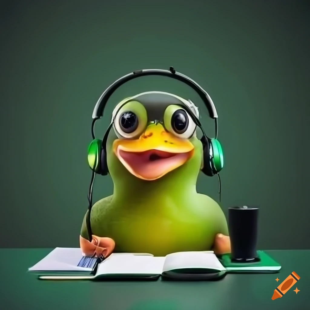 Cheerful green duck with headset taking notes at a conference table on ...