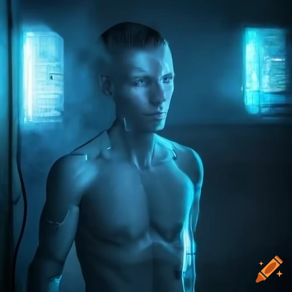 Futuristic male cyborg with glowing leds being repaired in a smoke ...