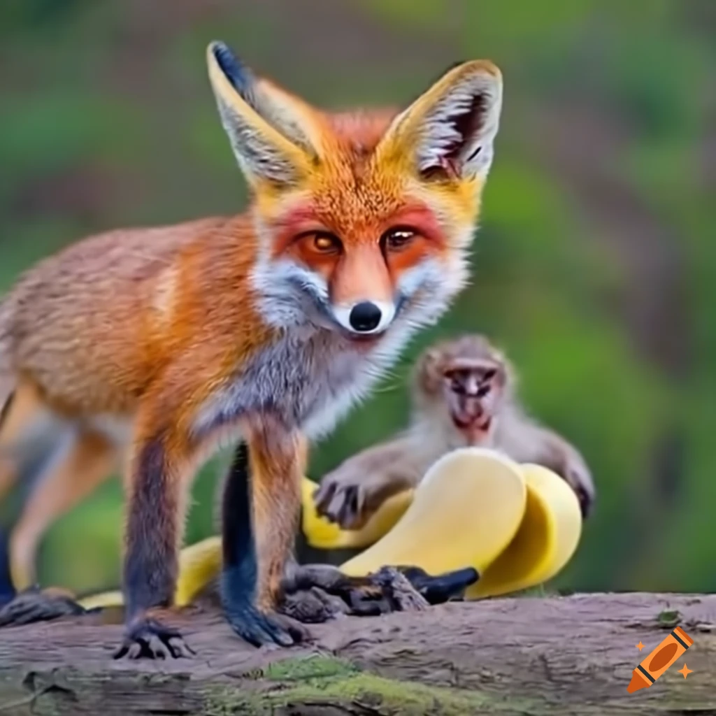 Fox eating a banana as the sad monkey looks on on Craiyon