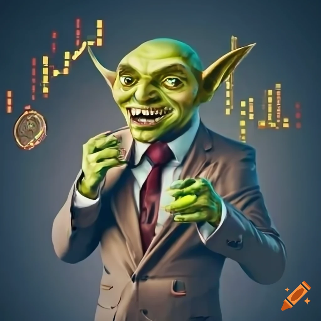 Smart goblin in suit surrounded by gold and money with stock market ...