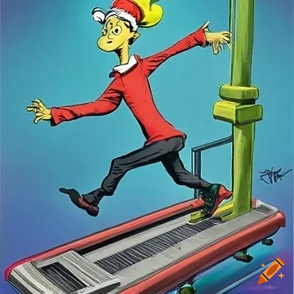 Humorous illustration of a man walking on a treadmill in colorful ...