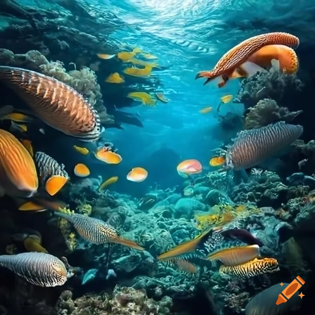 Underwater scene with a variety of sea creatures on Craiyon