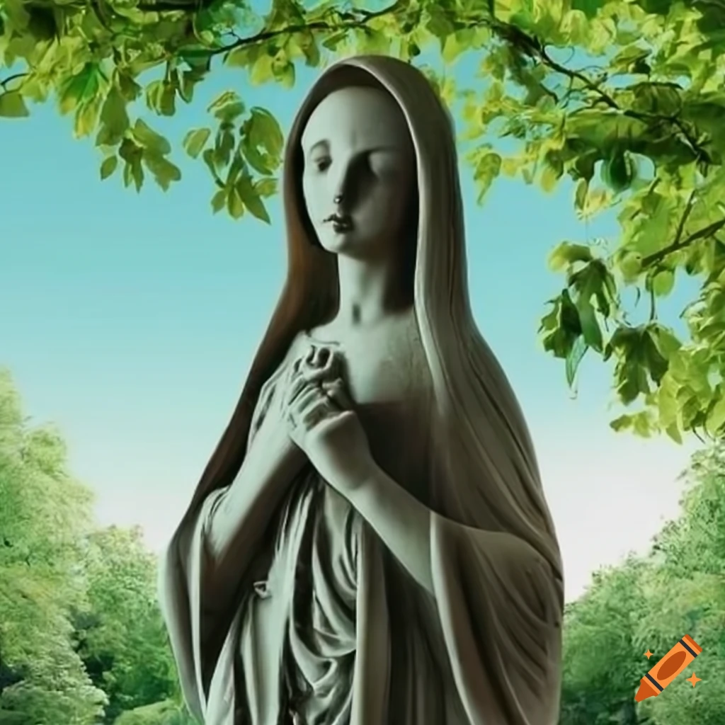 Sculpture of the virgin mary carved into a large tree on Craiyon