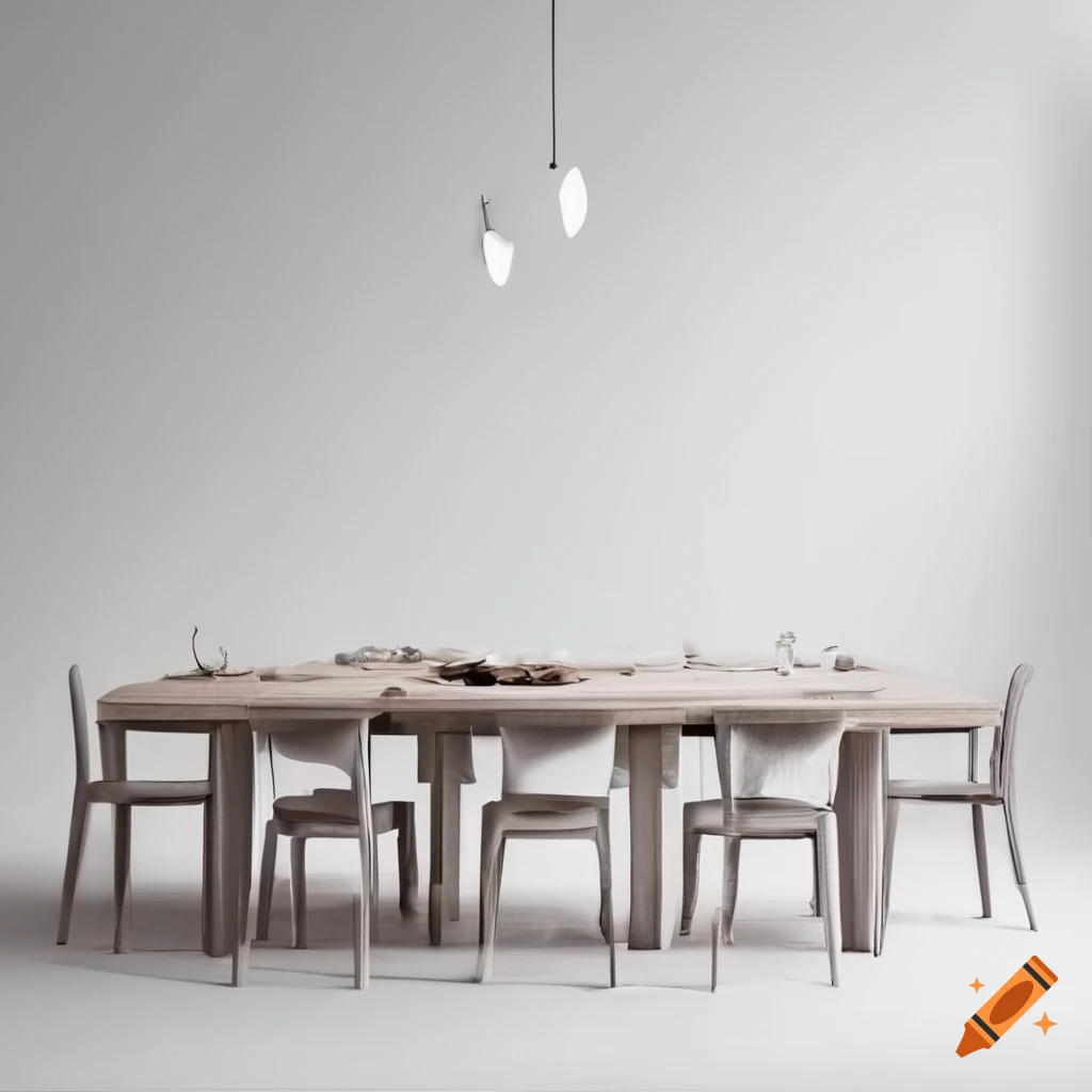 Long white community table with 10 chairs in a bright room on Craiyon