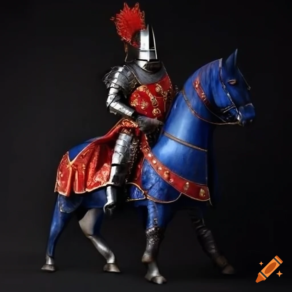 Cobalt blue armored knight on horseback holding a red halberd on Craiyon