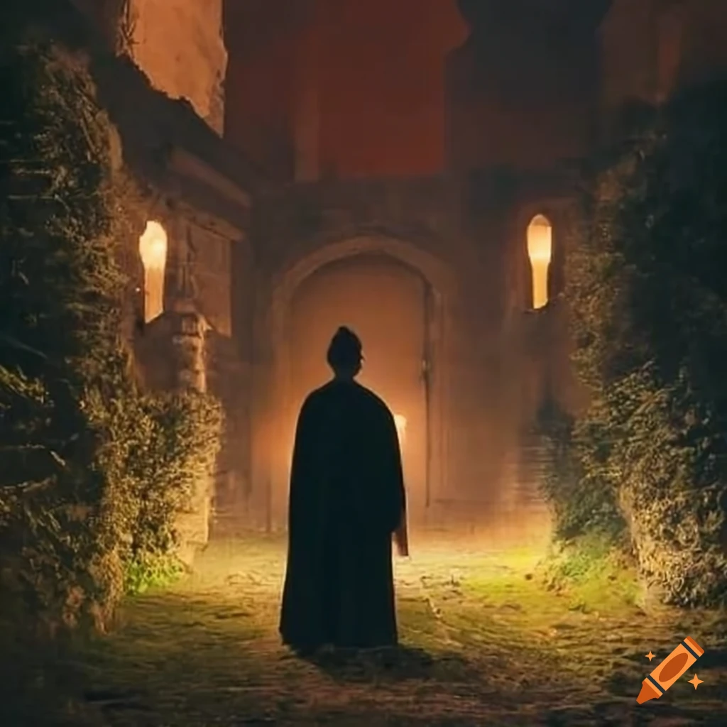Man in black robe creeping through lit garden of roman villa at night ...