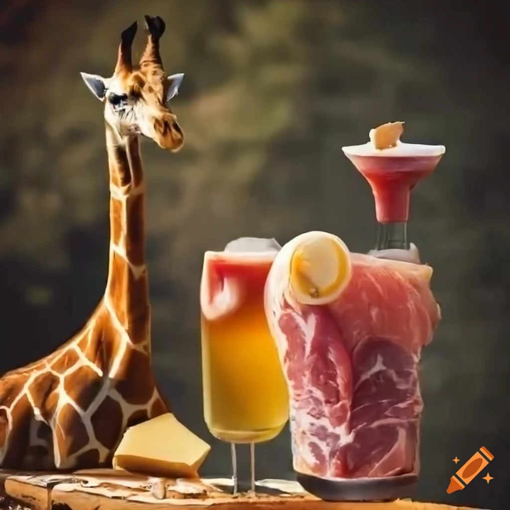 Giraffe with a variety of foods and drink in a rustic outdoor setting ...