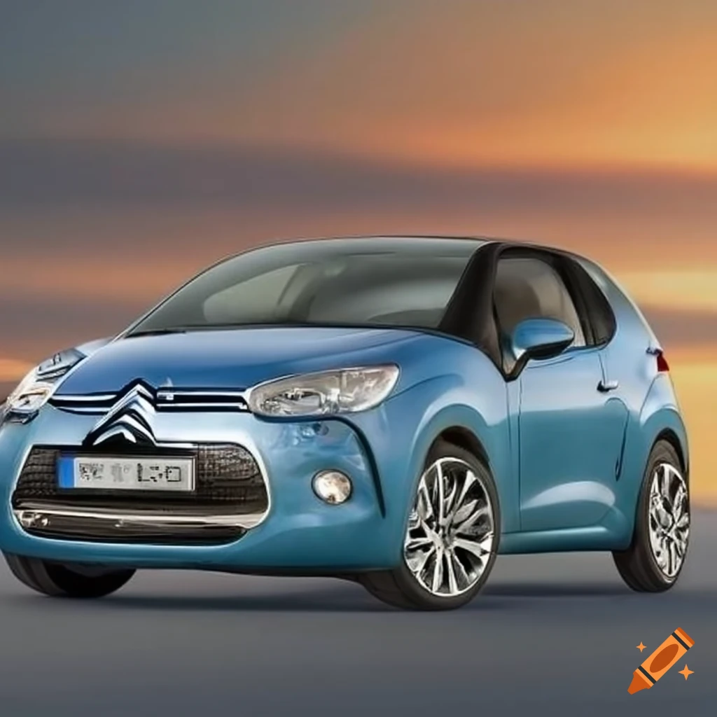 Light blue citroen ds3 from 2011 with sunset in the background on Craiyon