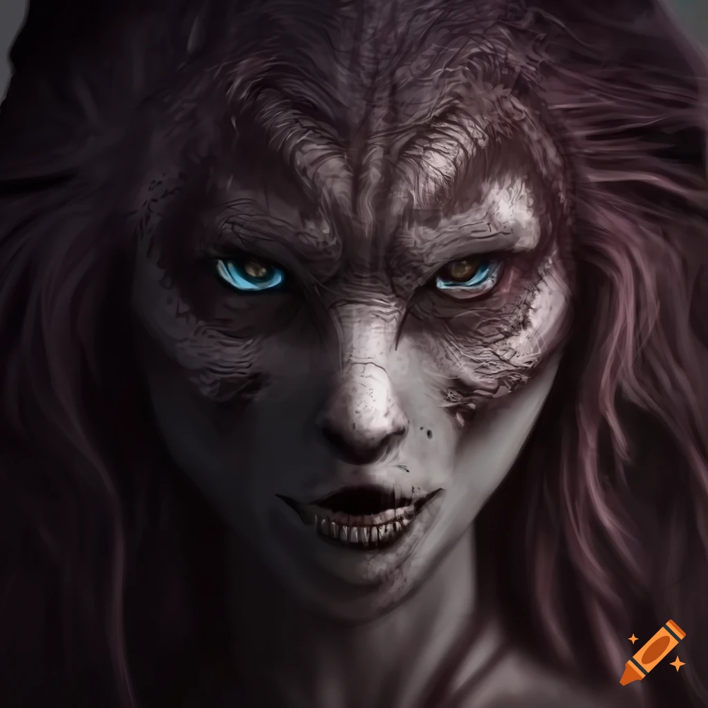 Dark fantasy humanoid with wolf-like features and feral snarl on Craiyon