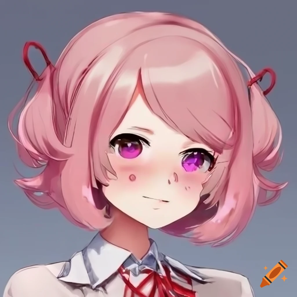 Natsuki with short hair and pink pigtails and eyes on Craiyon