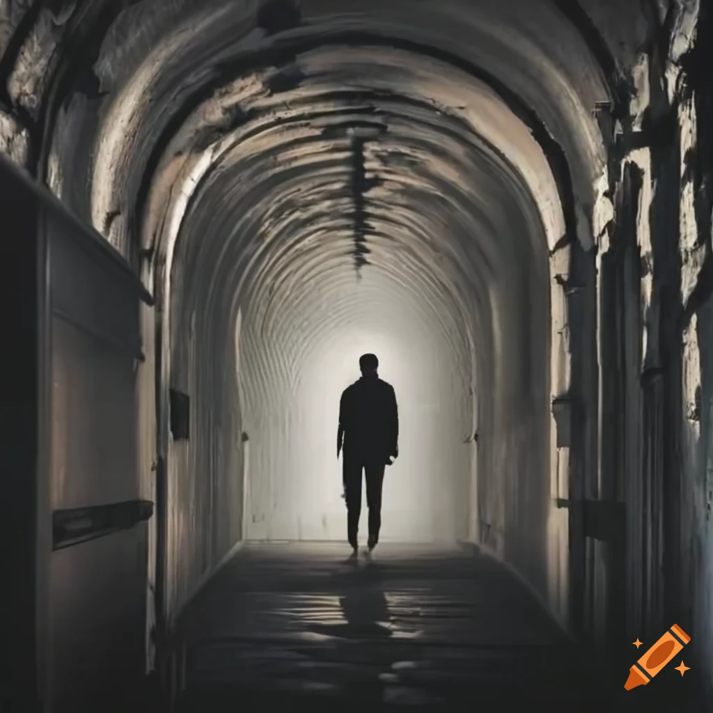 Silhouette of man in front of dark tunnel in basement on Craiyon