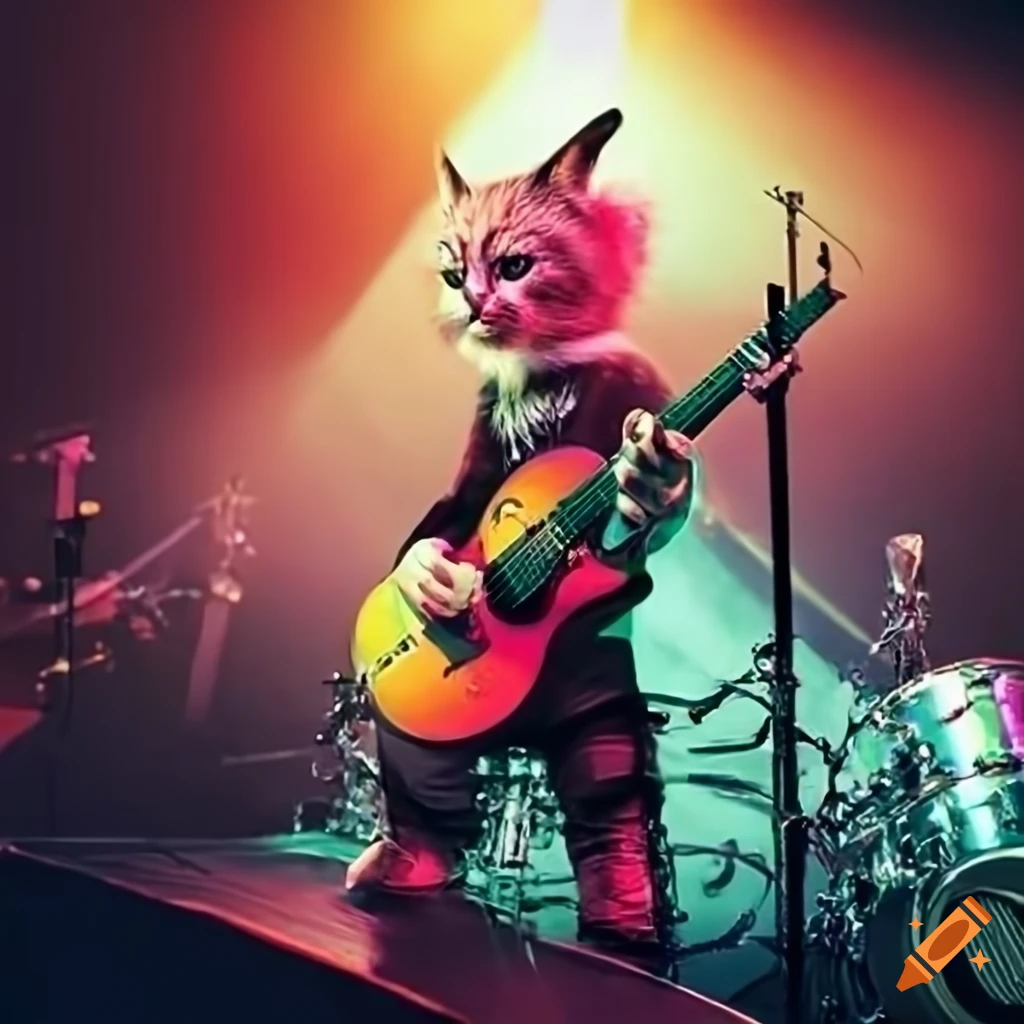Kitten punk rock band performing on stage with dramatic lighting on Craiyon