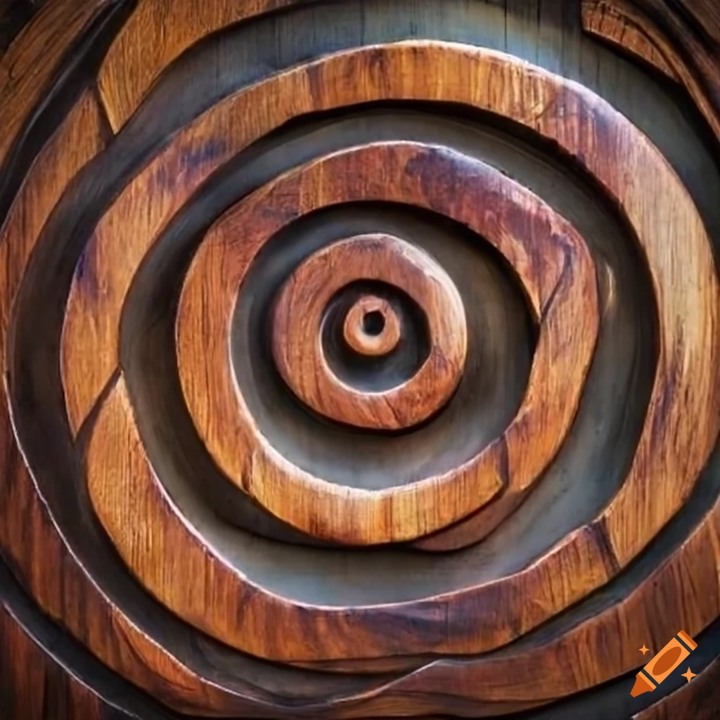 Carving of a sacred spiral on a wood panel on Craiyon