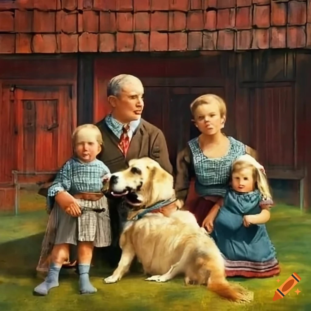 Historical german family with children and a dog in front of a barn on ...