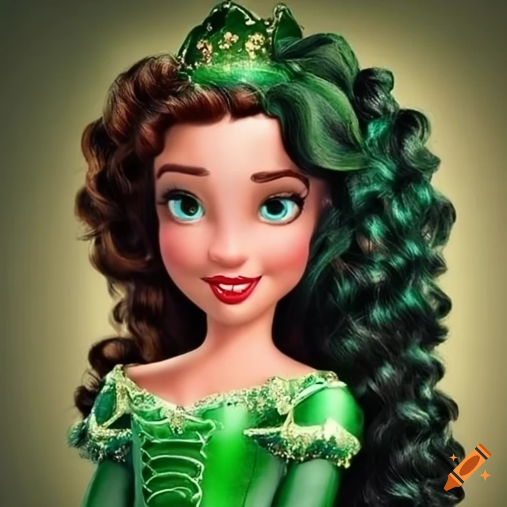Irish disney princess in traditional green dress with curly dark hair ...
