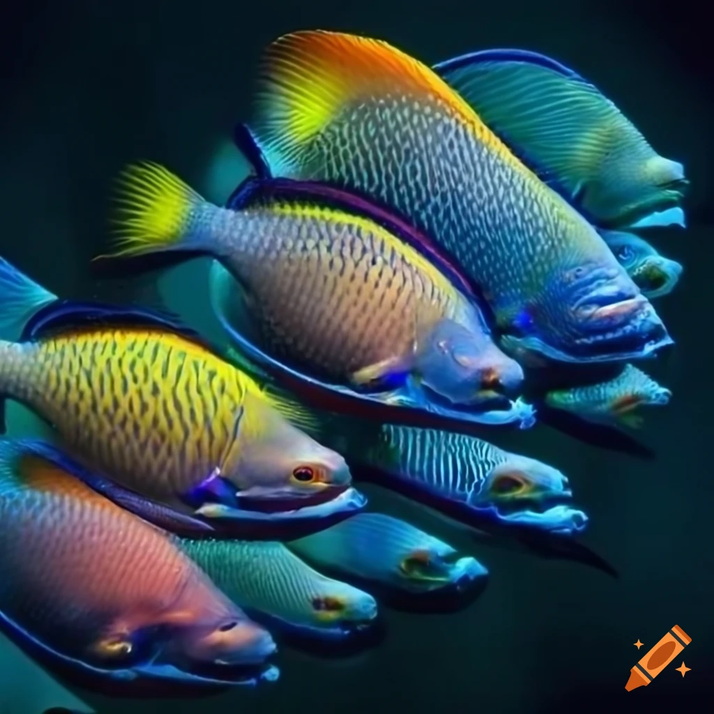Group of exotic fish in hyper-sharp underwater micro photography on Craiyon