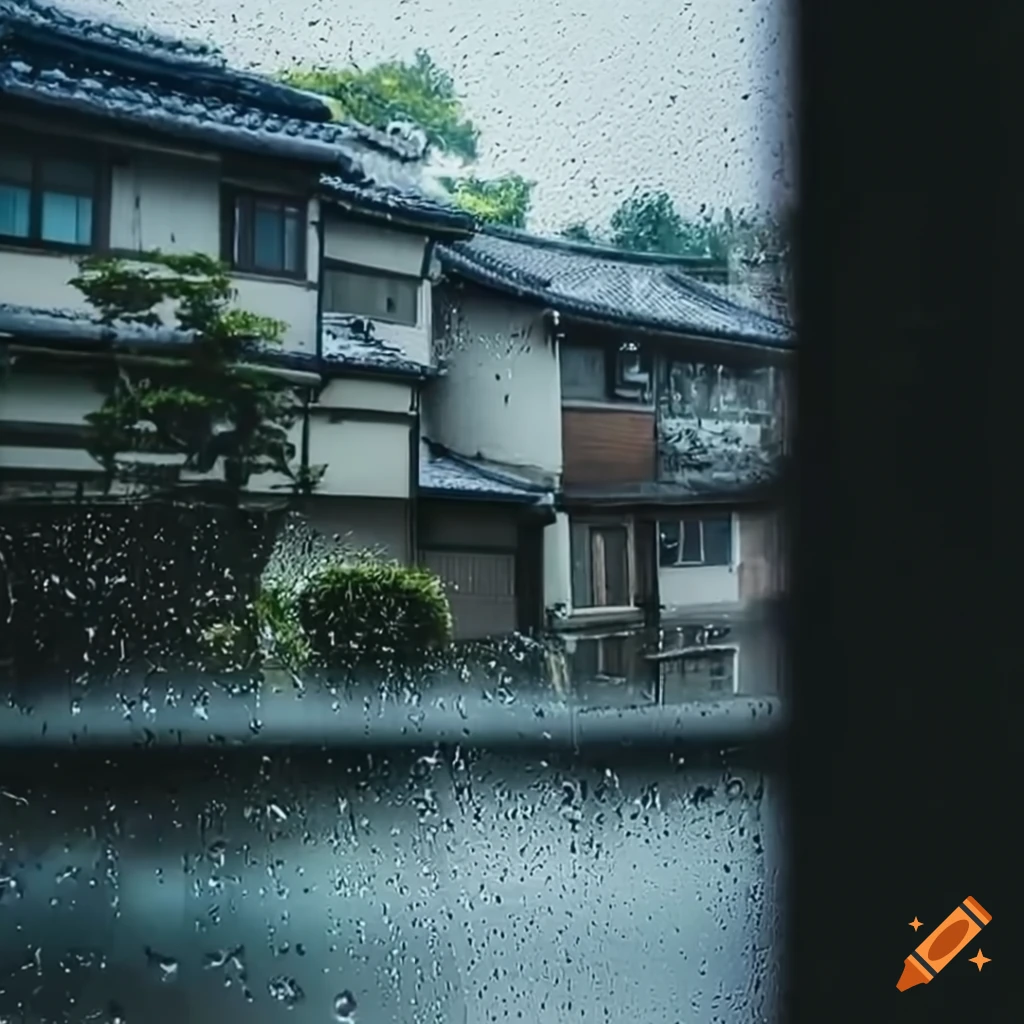 View through small glass window of raining japanese residential houses ...