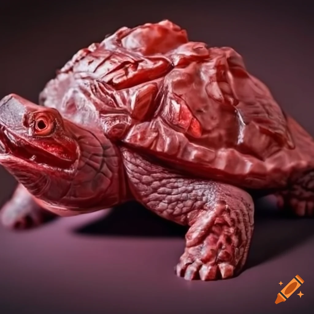 Red crystal carving of a determined snapping turtle with scars on Craiyon