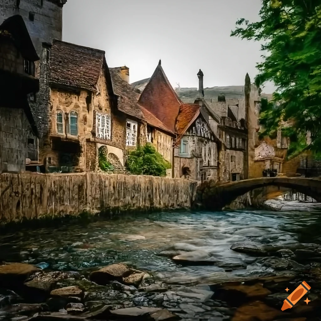 Medieval historic center on hills with rivers and bridges on Craiyon