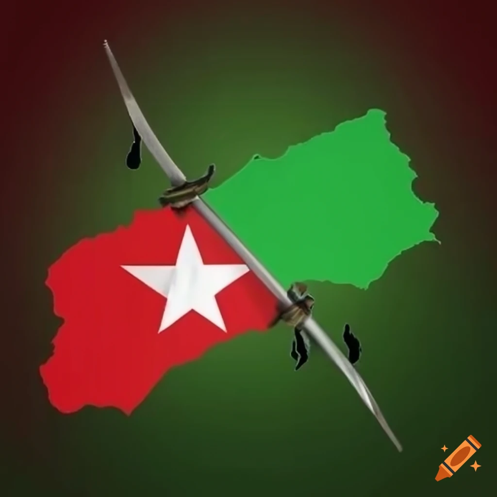 Kachin flag with two crossing swords over map of myanmar on Craiyon