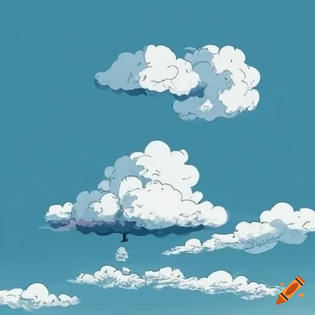 Studio ghibli-style drawing of clouds in a clear sky on Craiyon