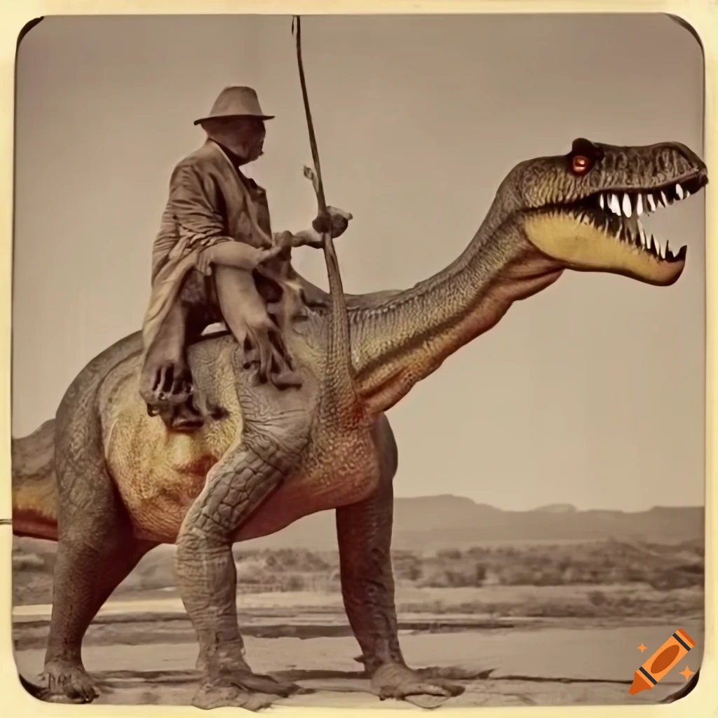 Trapper riding a dinosaur in antique photo style on Craiyon