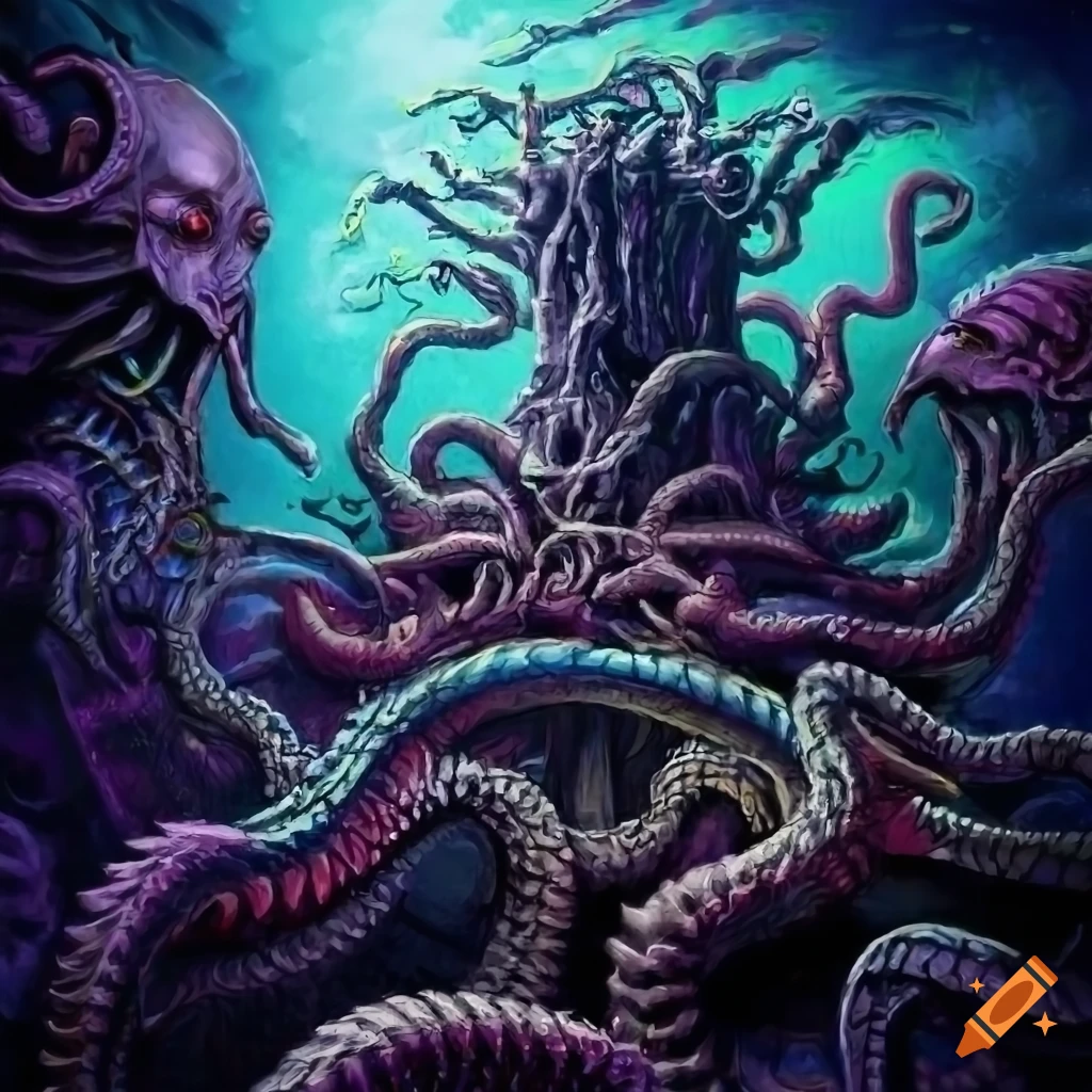 Lovecraftian jinmenju world tree mural with heavy metal and epic ...