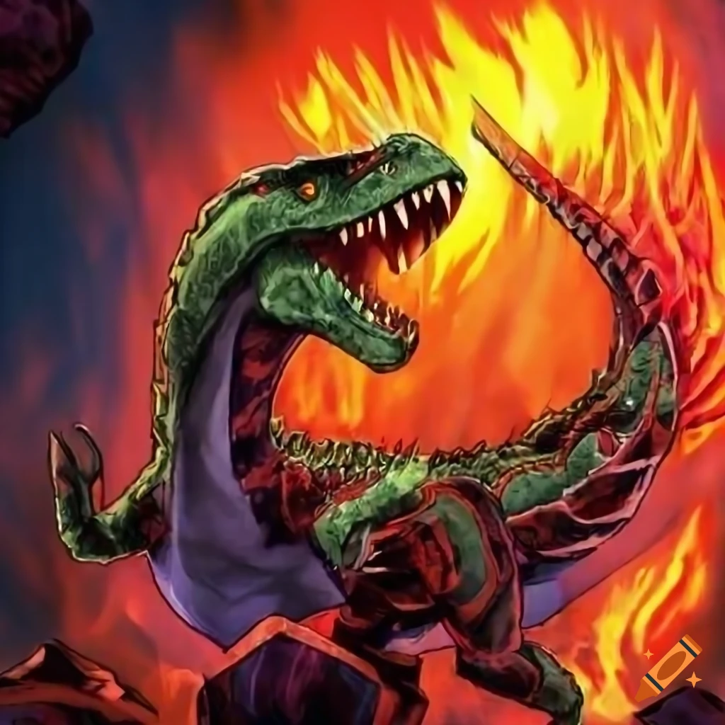 Yugioh card art of a fire dinosaur on Craiyon