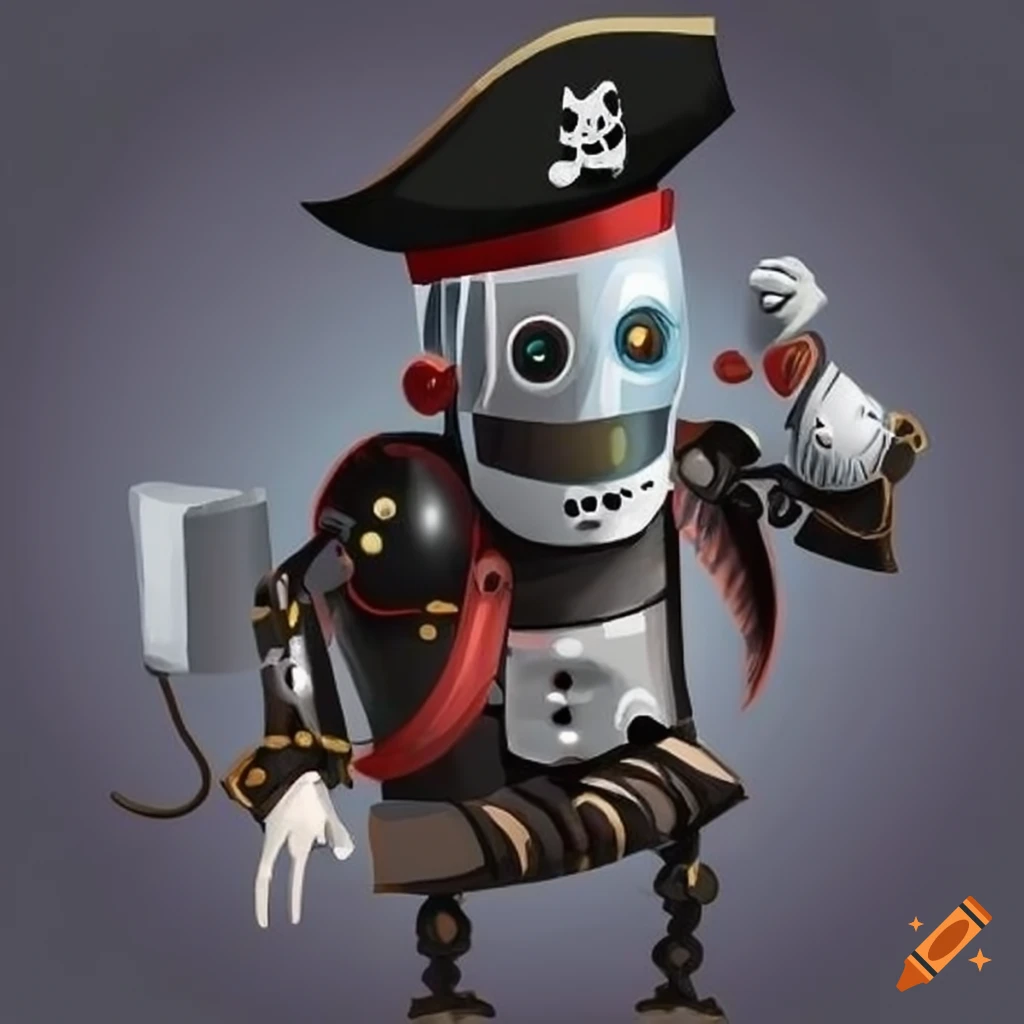 Well dressed robot pirate with a metal mustache and white gloves on Craiyon