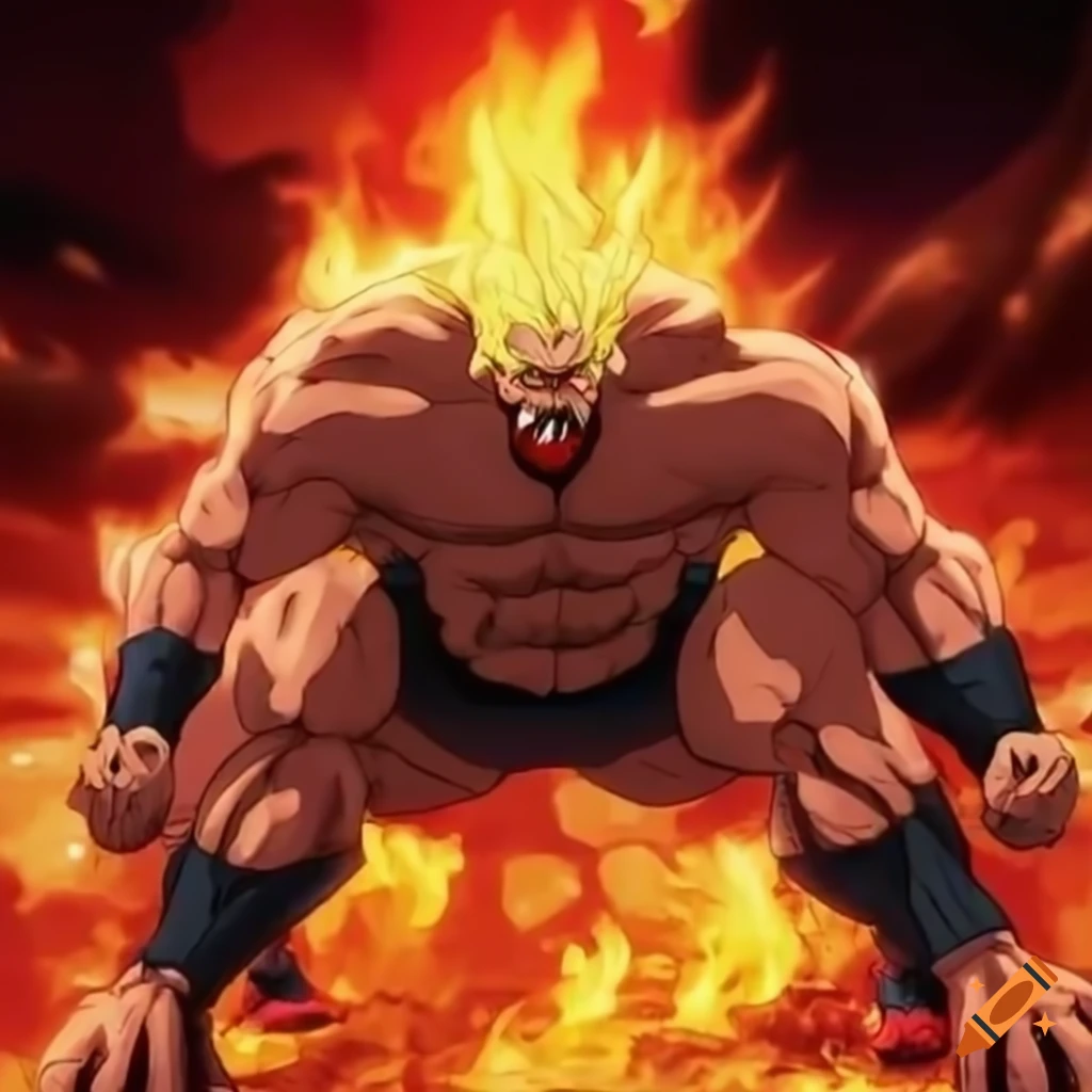 Strong charizard man with fiery dragon and huge muscles in anime style ...