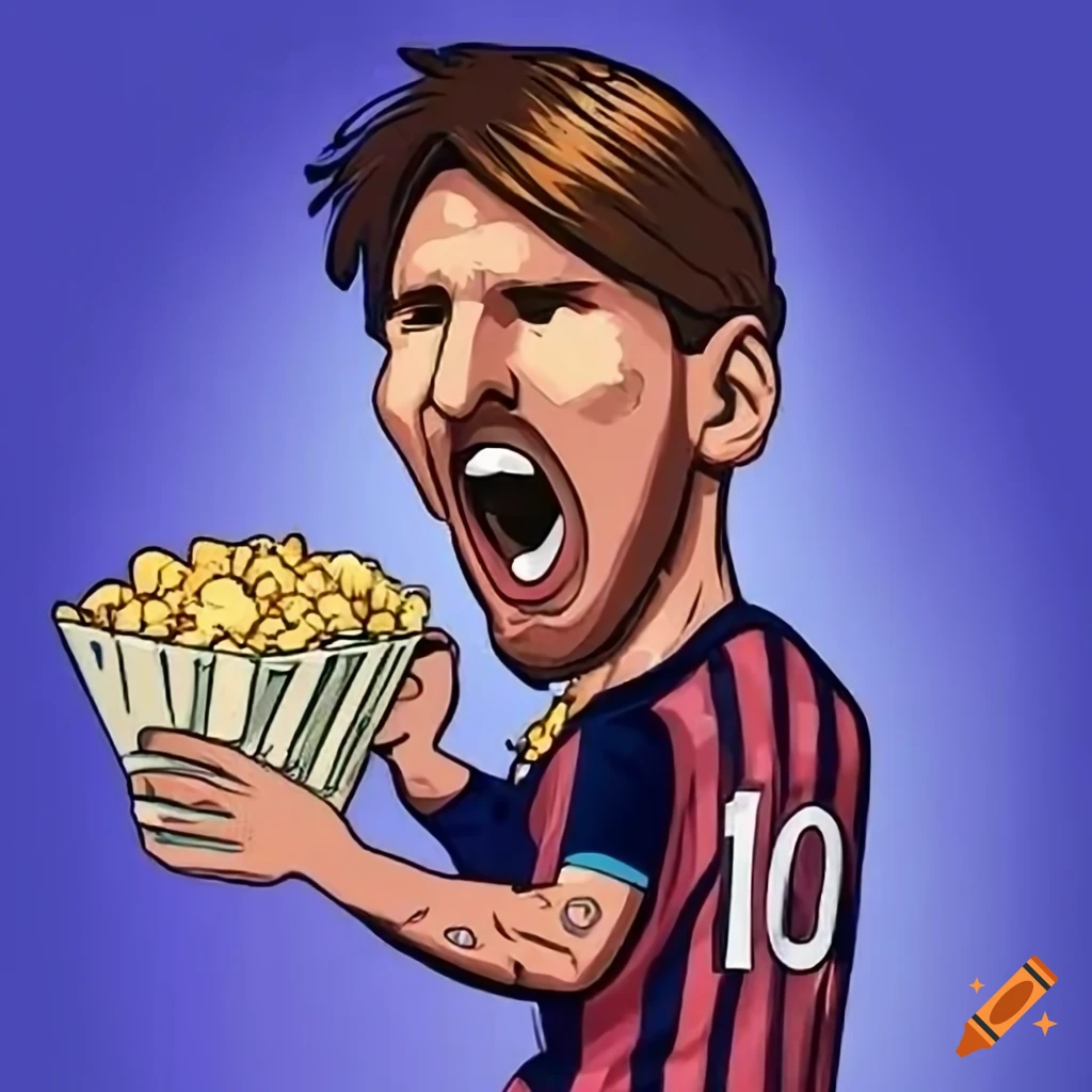 Messi enjoying popcorn in inter miami jersey in cartoon style on Craiyon