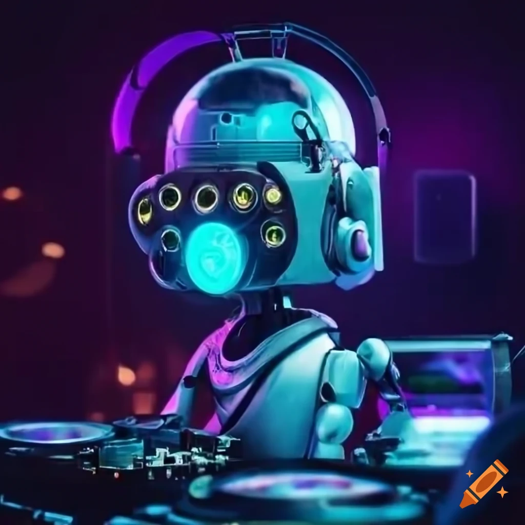 Robot DJ playing electronic music in futuristic dark and steampunk room ...