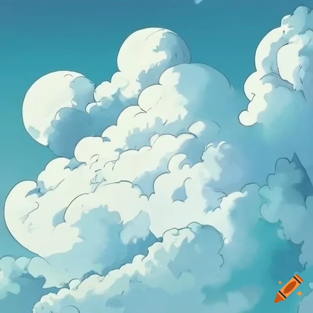 Studio Ghibli style drawing of clouds in a clear sky on Craiyon