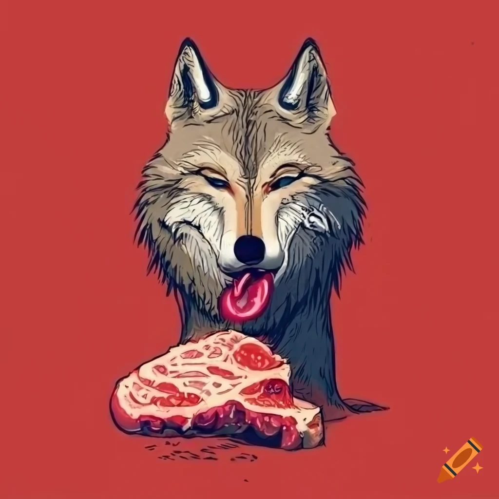 Wolf enjoying a steak in a graphic design on Craiyon