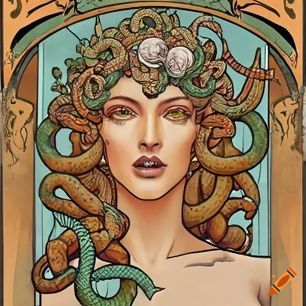 Medusa portrayed in mucha style art on Craiyon
