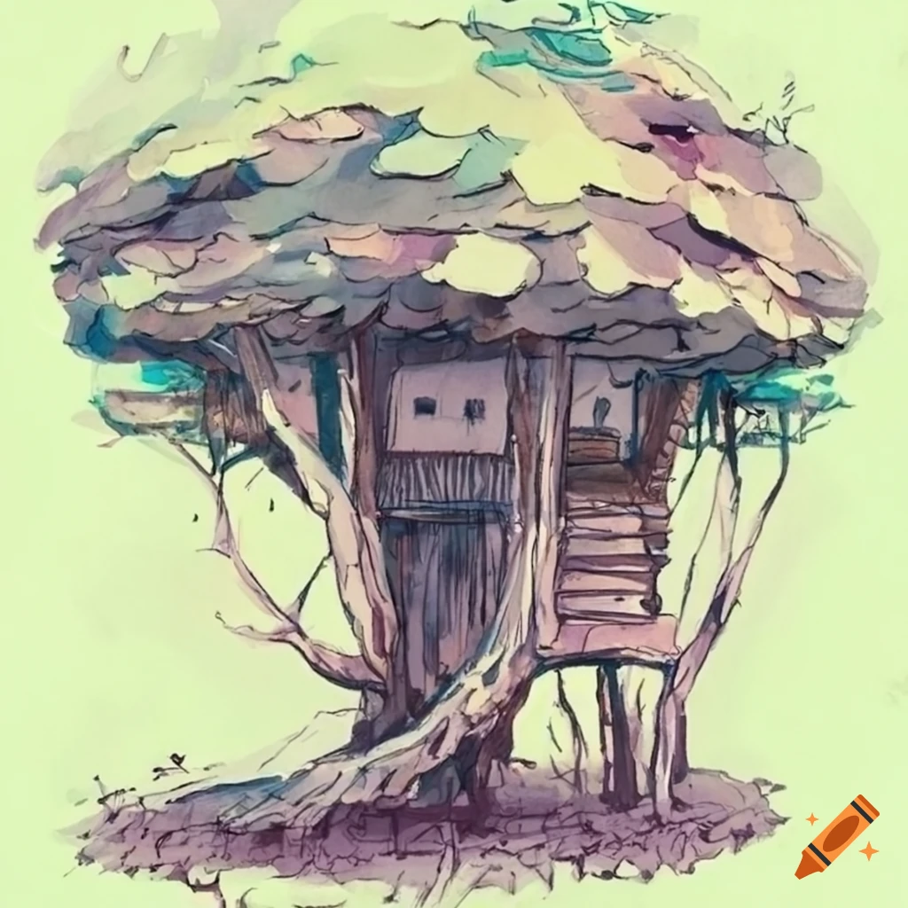 Sketch of a tree house in a neighborhood on Craiyon