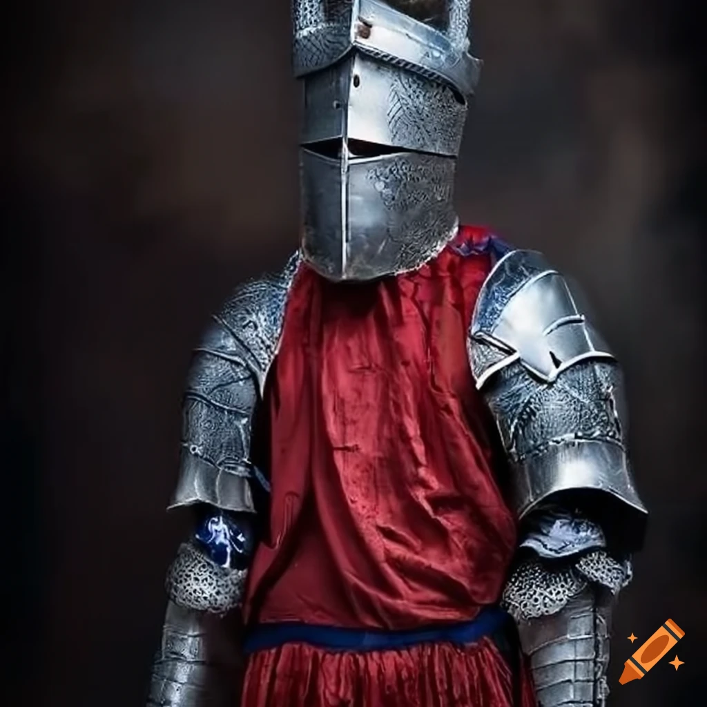Blue-armored knight holding a long red halberd on Craiyon