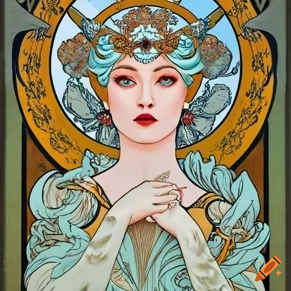 White-haired lady in Mucha style on Craiyon