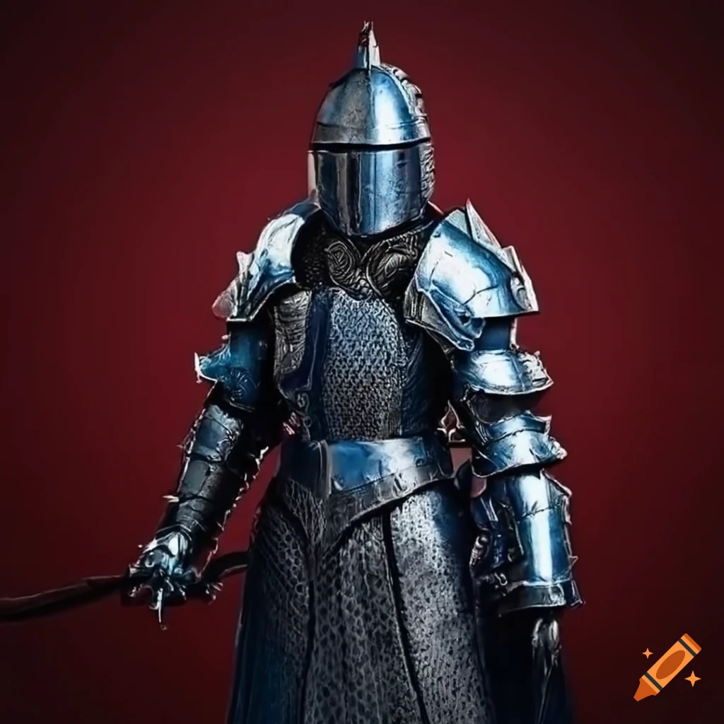 Hyper realistic blue armored knight holding a long red halberd on Craiyon