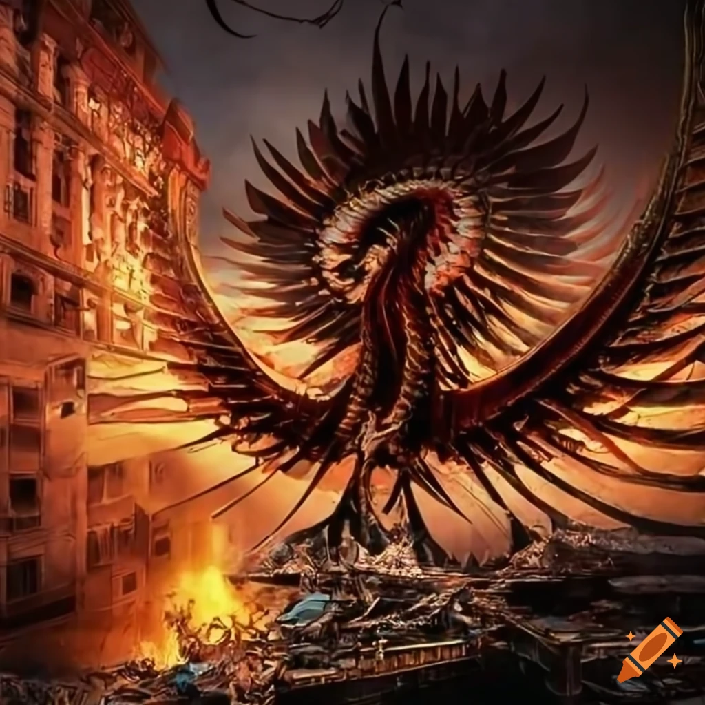 Mechanical phoenix rising from city destruction on Craiyon