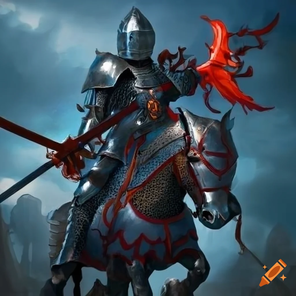 Blue armored knight with red halberd on armored horse on Craiyon