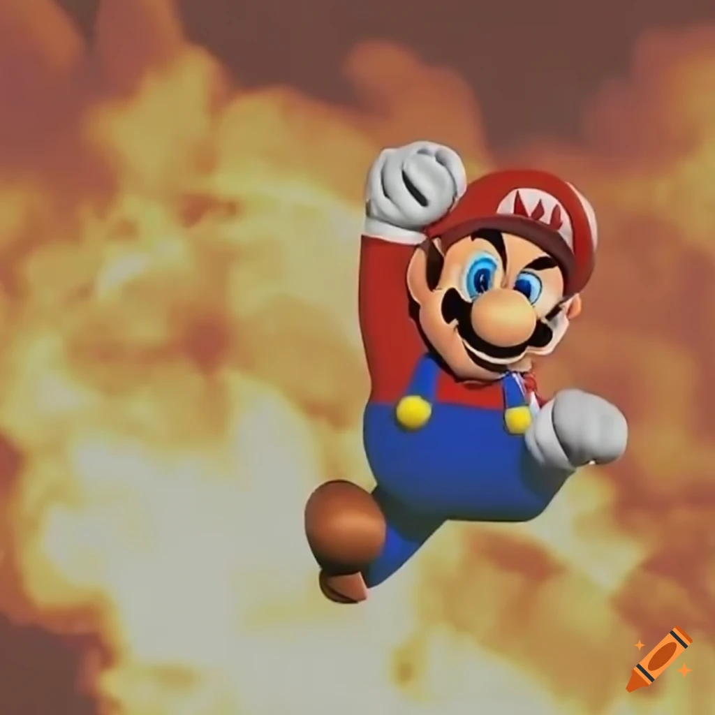 Mario jumping and sprinting through explosions on Craiyon