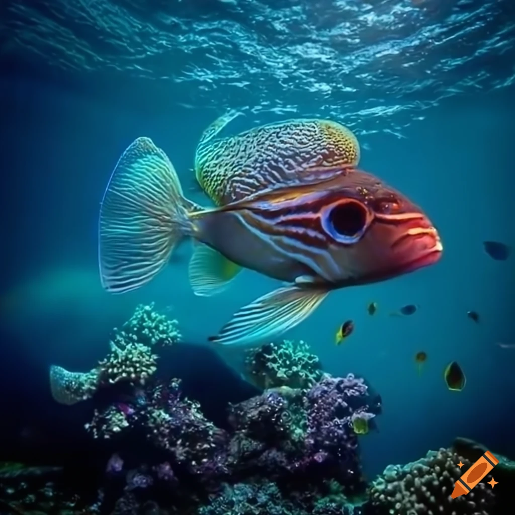 Group of exotic fish in hyper-sharp underwater micro photography on Craiyon