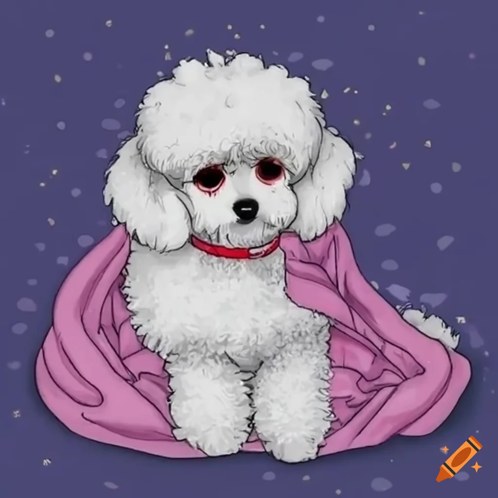 Small fluffy white toy poodle in blankets with anime style on Craiyon