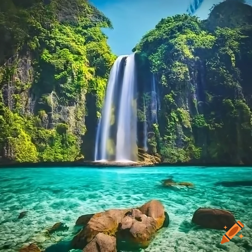 Enchanting landscapes of the Philippines including clear beaches and towering waterfalls on Craiyon