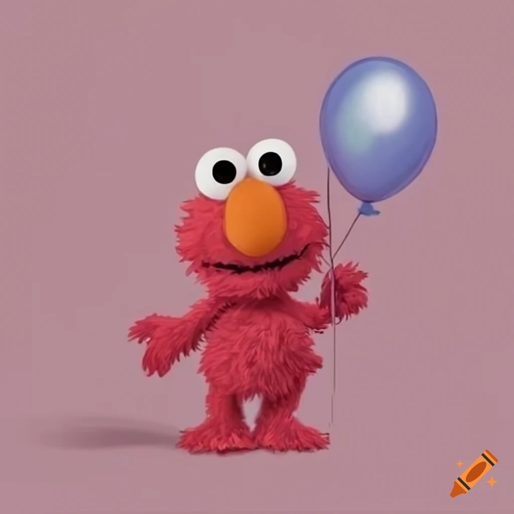 Chibi elmo hugging a balloon in a bright pink room on Craiyon